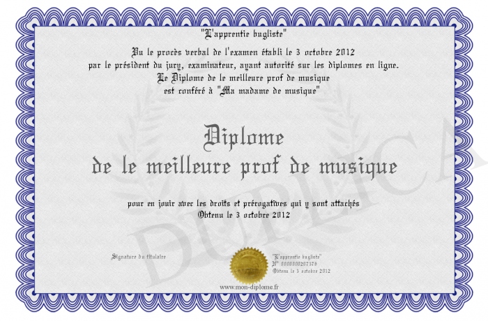 Diplome de le meilleure prof de musique