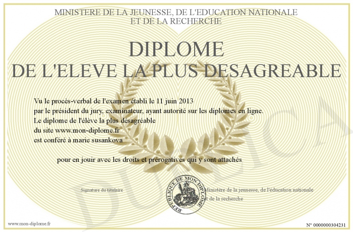 diplome de l eleve la plus desagreable diplome de l eleve la plus desagreable