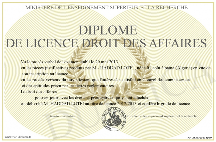 Diplome de licence droit des affaires