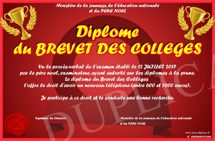 Diplome du BREVET DES COLLEGES Diplome du BREVET DES COLLEGES