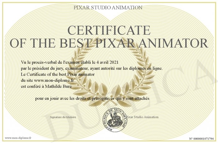 Certificate-of-the-best-Pixar-animator
