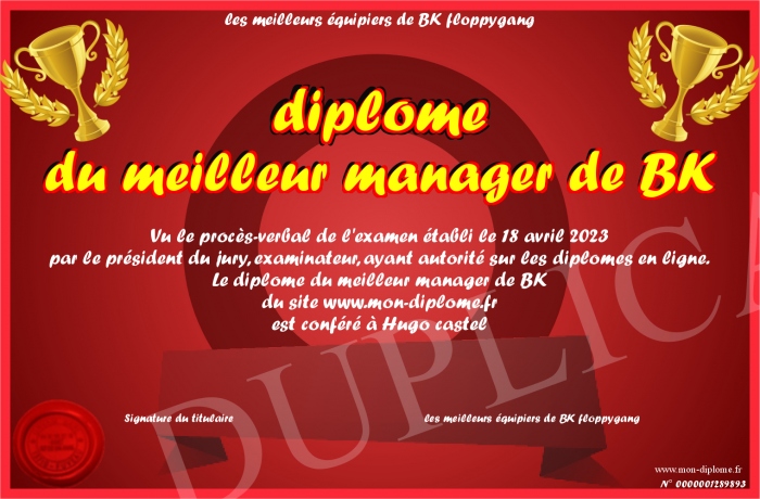 diplome du meilleur manager de BK