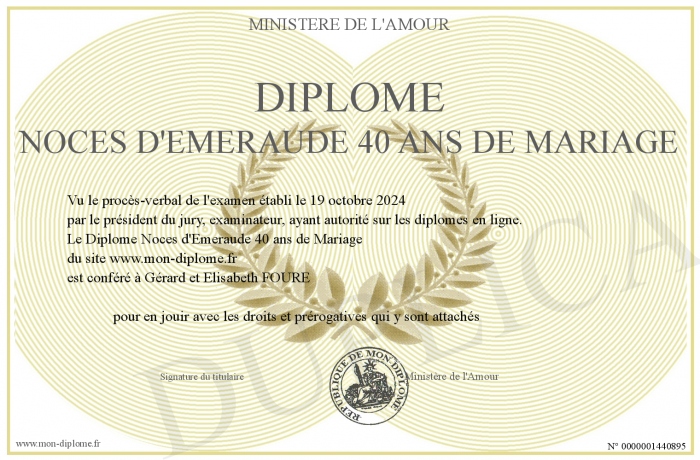 Diplome Noces d Emeraude 40 ans de Mariage