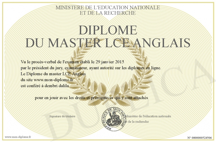 Diplome du master LCE Anglais