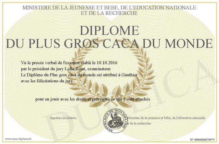 Diplome du plus gros caca du monde