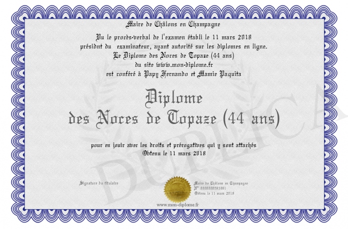 Diplome des Noces de Topaze (44 ans)