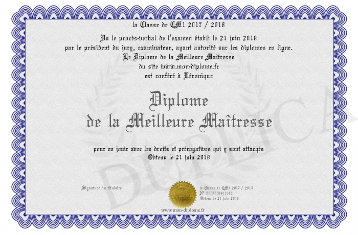 Diplome de la Meilleure Maitresse
