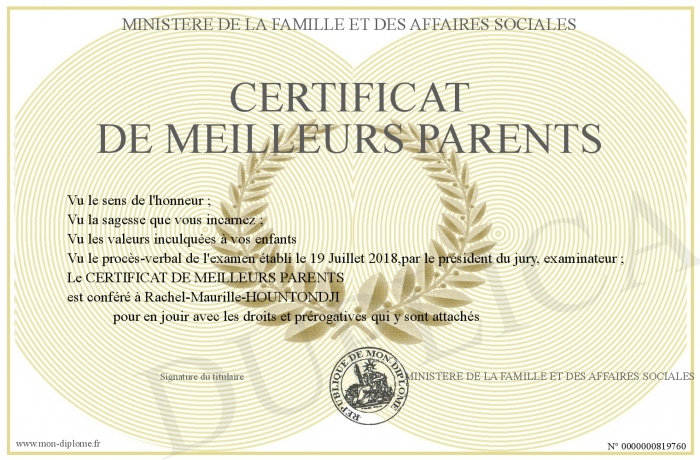 CERTIFICAT DE MEILLEURS PARENTS