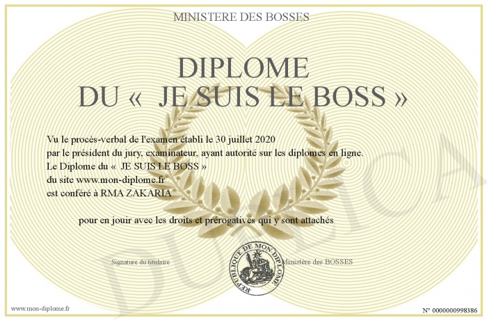 Diplome du « JE SUIS LE BOSS