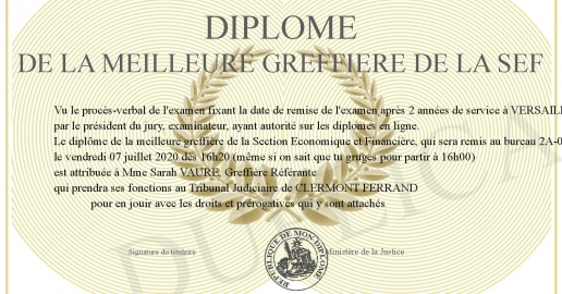 Diplome de la meilleure greffiere de la SEF