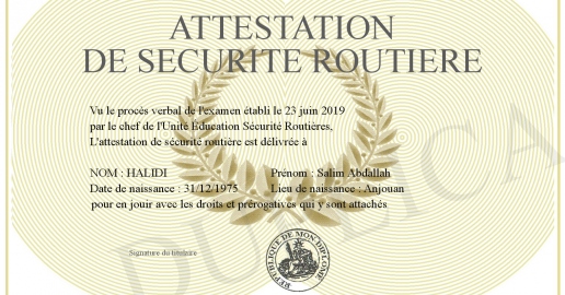 ATTESTATION DE SECURITE ROUTIERE