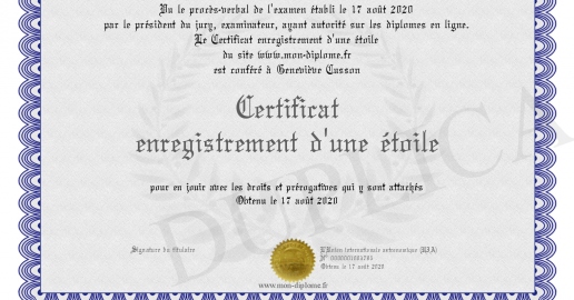 Certificat enregistrement d une etoile