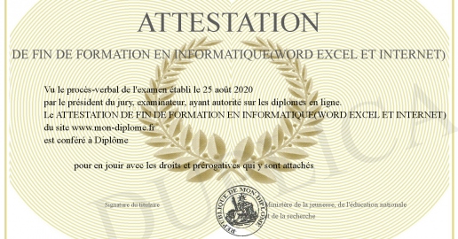 ATTESTATION DE FIN DE FORMATION EN INFORMATIQUE(WORD EXCEL ET INTERNET)