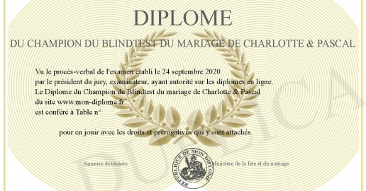 Diplome du Champion du Blindtest du mariage de Charlotte & Pascal