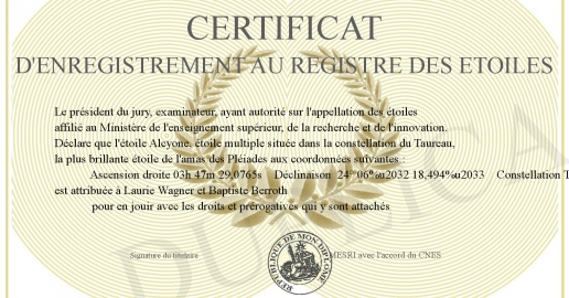 Certificat d enregistrement au registre des etoiles