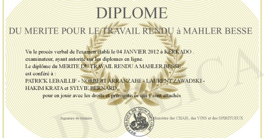 Diplome du Merite pour le travail rendu a MAHLER BESSE
