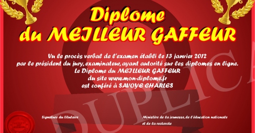 Diplome du MEILLEUR GAFFEUR