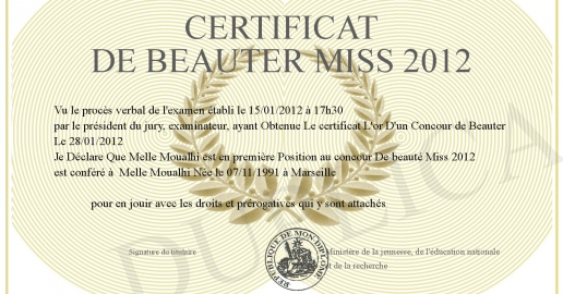 certificat De beauter Miss 2012