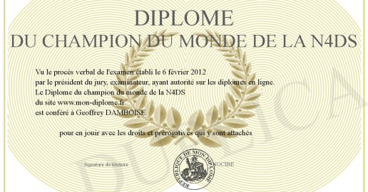 Diplome du champion du monde de la N4DS