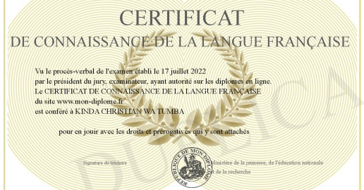 CERTIFICAT DE CONNAISSANCE DE LA LANGUE FRANÇAISE