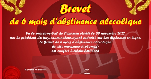 Brevet de 6 mois d abstinence alccolique