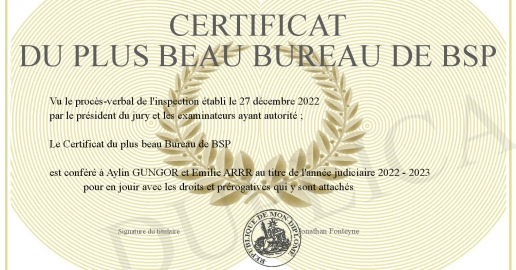Certificat du plus beau Bureau de BSP