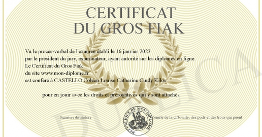 Certificat du Gros Fiak