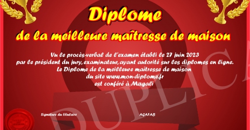 Diplome de la meilleure maitresse de maison