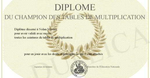 Diplome du champion des tables de multiplication