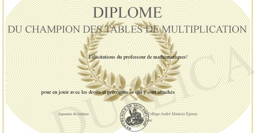 Diplome du champion des tables de multiplication