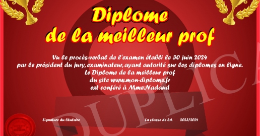 Diplome de la meilleur prof