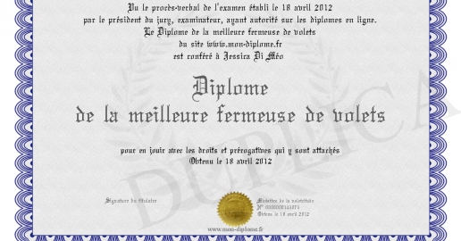 Diplome de la meilleure fermeuse de volets