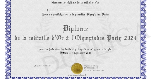 Diplome de la medaille d Or a l Olympiades Party 2024