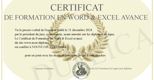 Certificat de Formation en Word & Excel avance