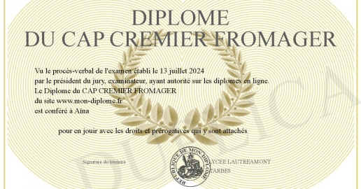 Diplome du CAP CREMIER FROMAGER