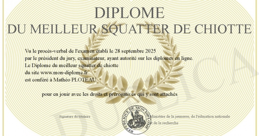 Diplome du meilleur squatter de chiotte