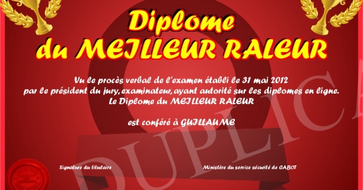 Diplome du MEILLEUR RALEUR