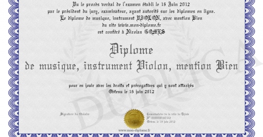 Diplome de musique instrument Violon mention Bien