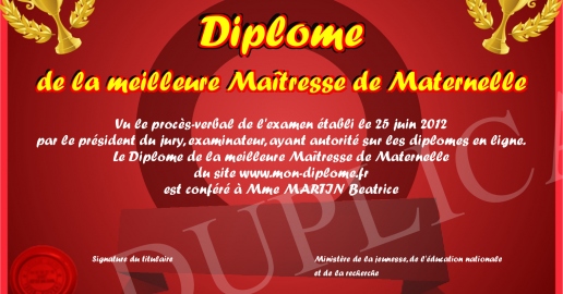 Diplome de la meilleure Maitresse de Maternelle