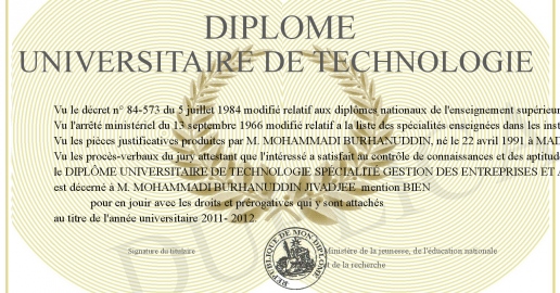 Diplome UNIVERSITAIRE DE TECHNOLOGIE