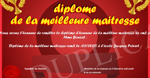 diplome de la meilleure maitresse