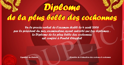 Diplome De La Plus Belle Des Cochonnes
