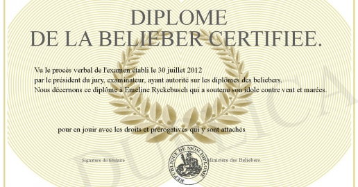 Diplome de la BELIEBER certifiee.