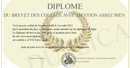 Diplome du brevet des college avec mention assez bien