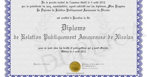 Diplome de Relation Publiquement Amoureuse de Nicolas
