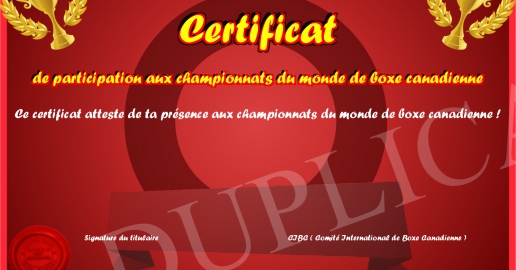 Certificat de participation aux championnats du monde de boxe canadienne