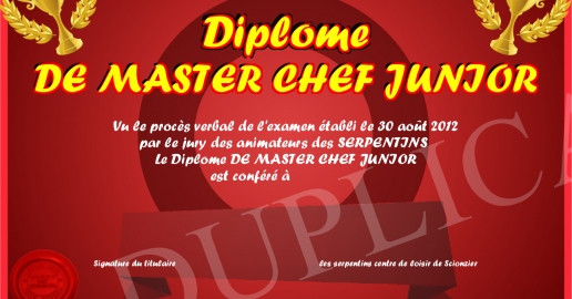 Diplome DE MASTER CHEF JUNIOR