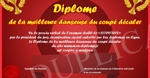 Diplome de la meilleure danseuse du coupe decaler