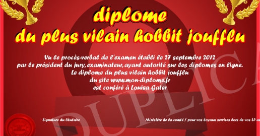diplome du plus vilain hobbit joufflu