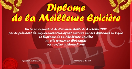 Diplome de la Meilleure Epiciere